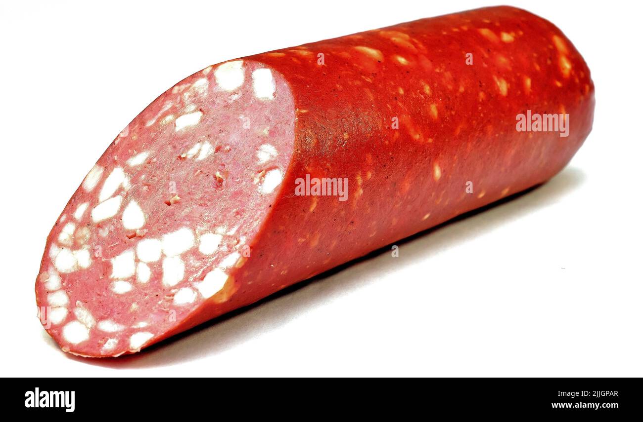 Servelat salami with large fat half on a white background Stock Photo ...