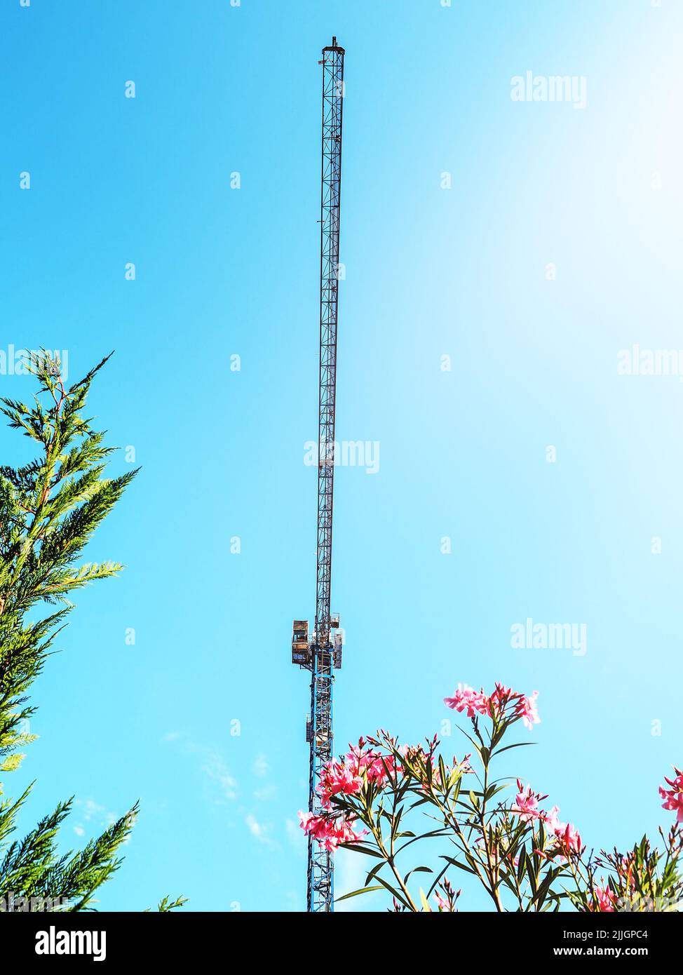 Bottom view of a long crane towering over flowering bushes against a ...