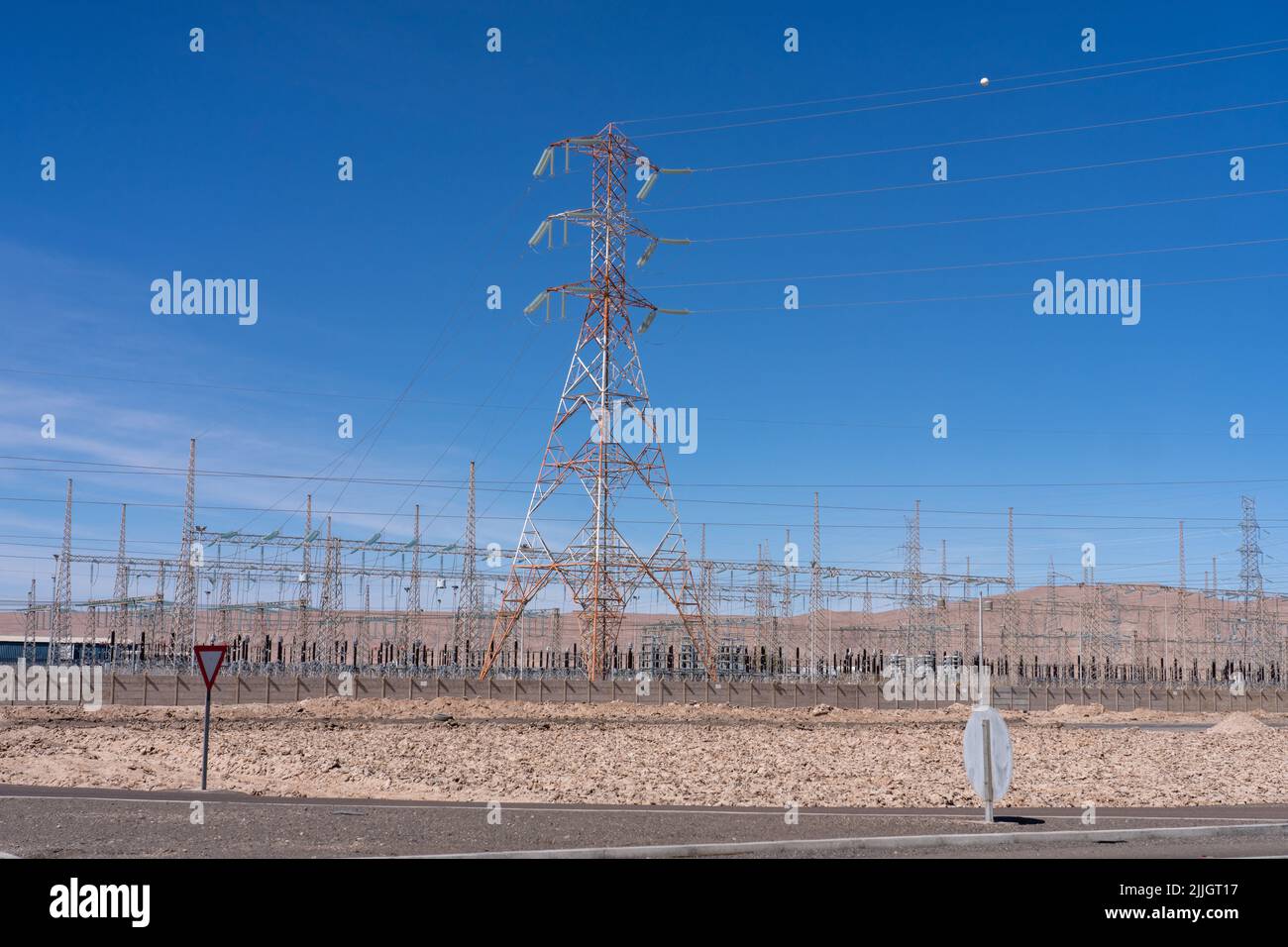 Steel transmission towers and an electrical power substation in the ...
