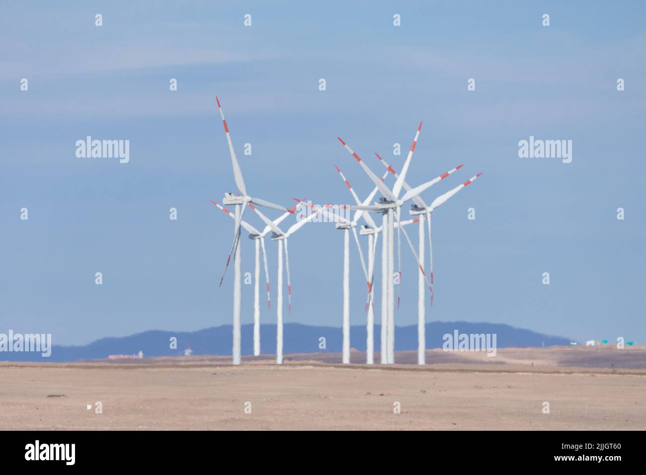 Wind turbines producing electricity in a wind farm in the Atacama ...