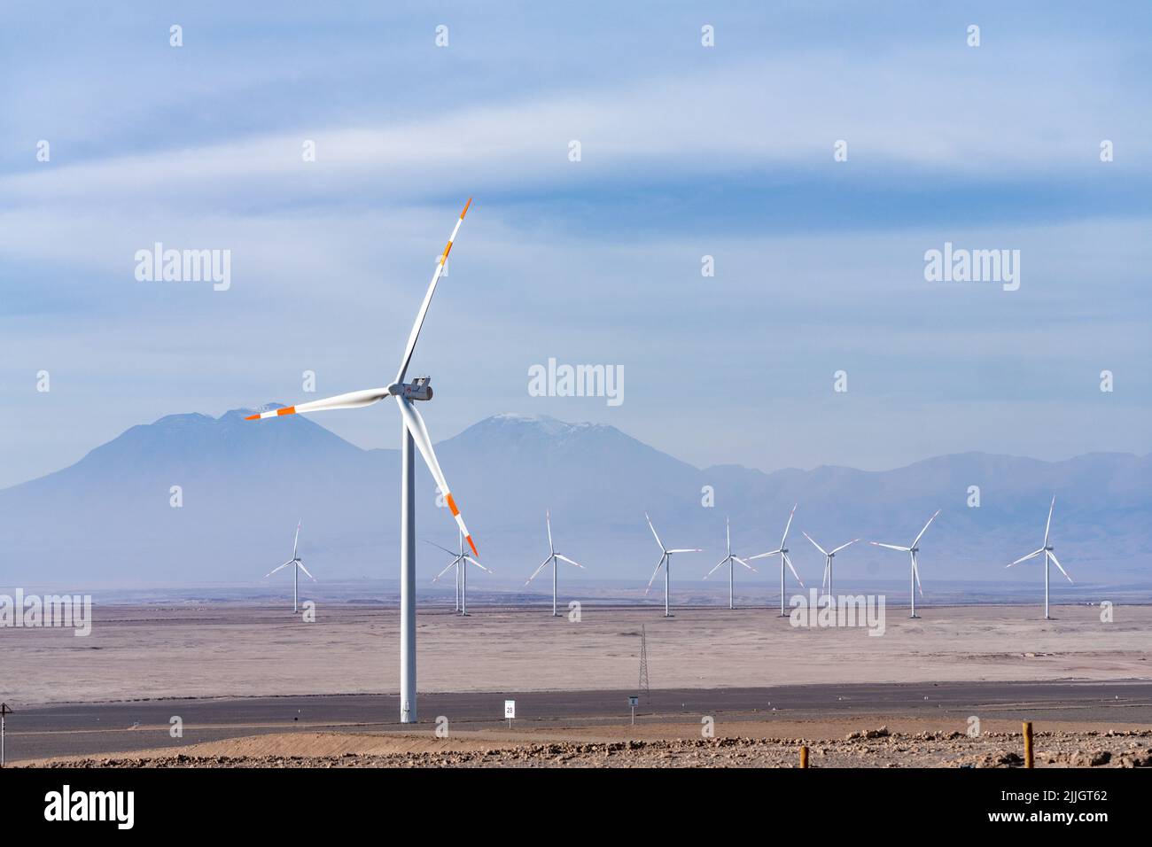 Wind turbines producing electricity in a wind farm in the Atacama ...