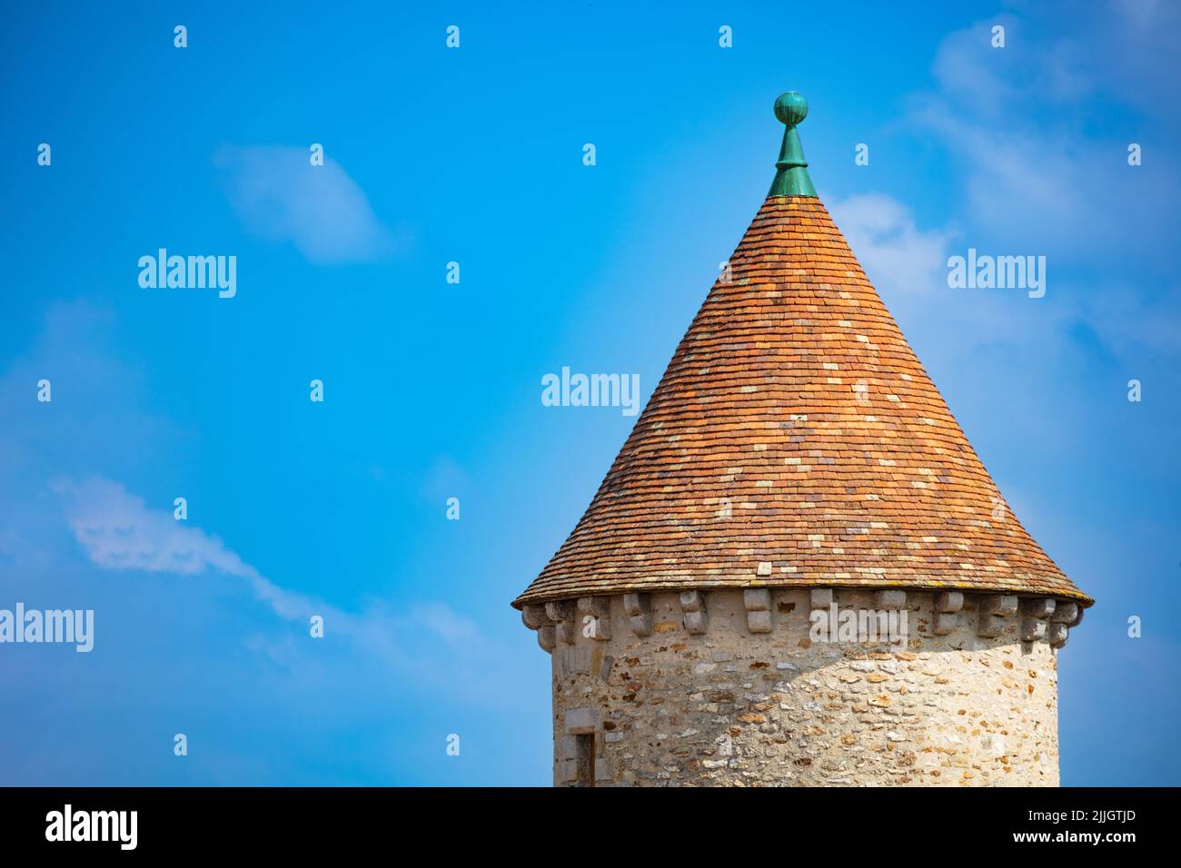 Medieval castle tower close-up roof over sky, Blandy-les-Tours Stock ...