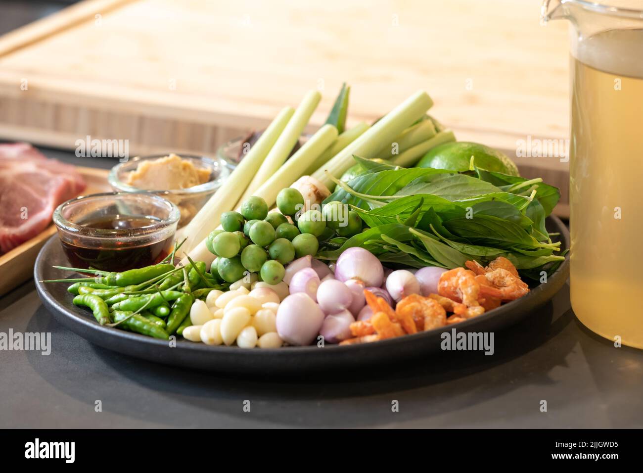 Herb ingredients for Thai Food cooking menu on the counter kitchen ...