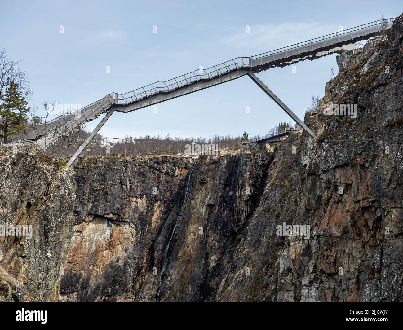 Viewpoint bridge at waterfall Voringfoss, Hardangervidda, Norway Stock ...