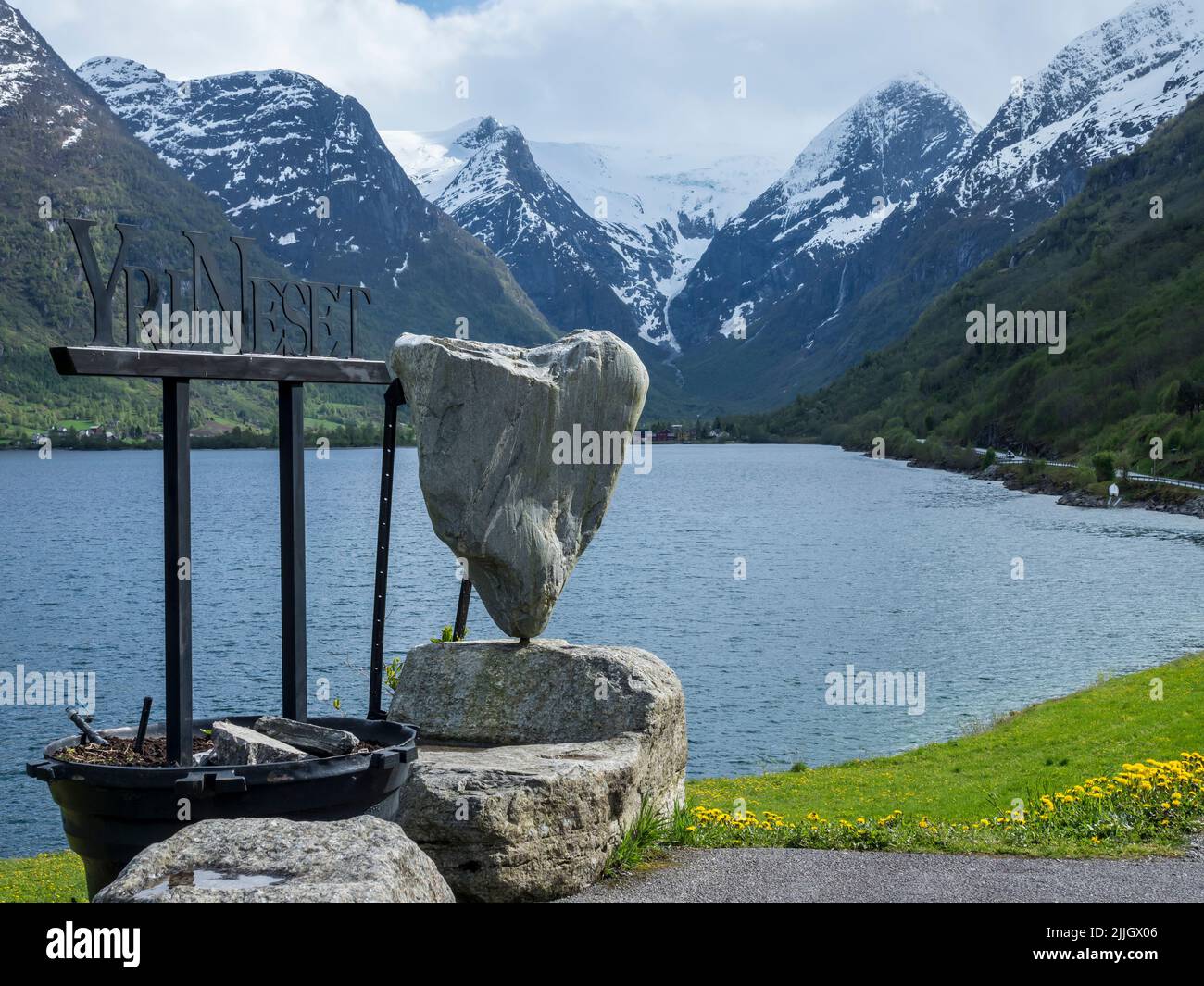 Picnic area Yrineset, art objects at lake Oldevatn, view to valley ...