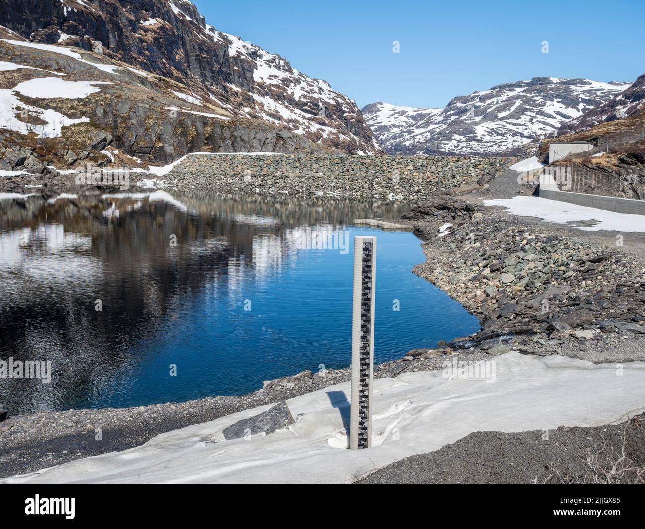 Storage reservoir in the valley Aurlandsdalen, low water level in early ...