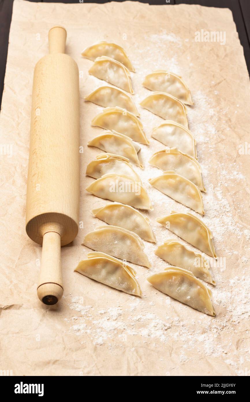 Raw gyoza dumplings and rolling pin on floured paper. Top view Stock ...