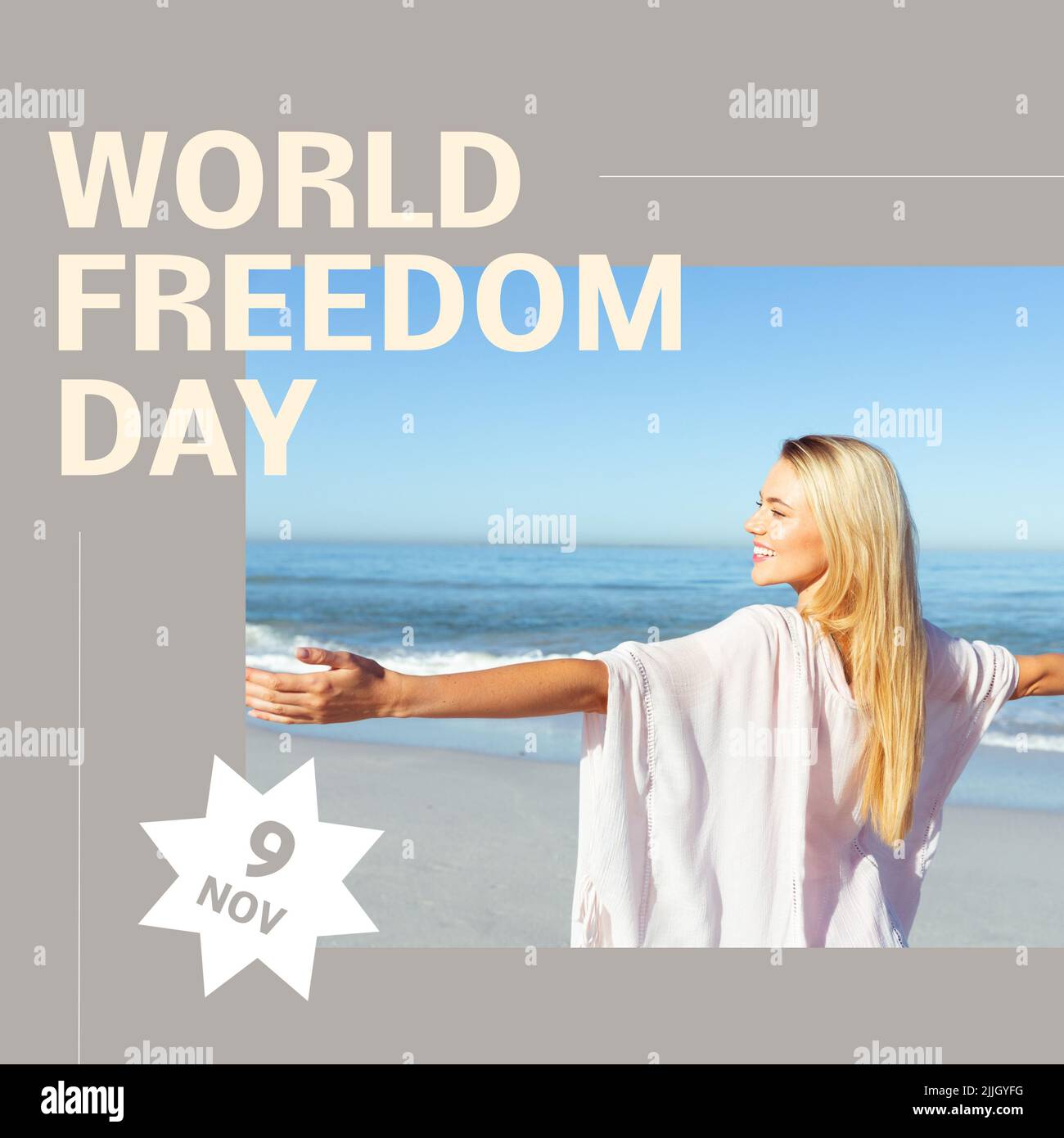 Image of world freedom day over happy caucasian woman on beach Stock ...