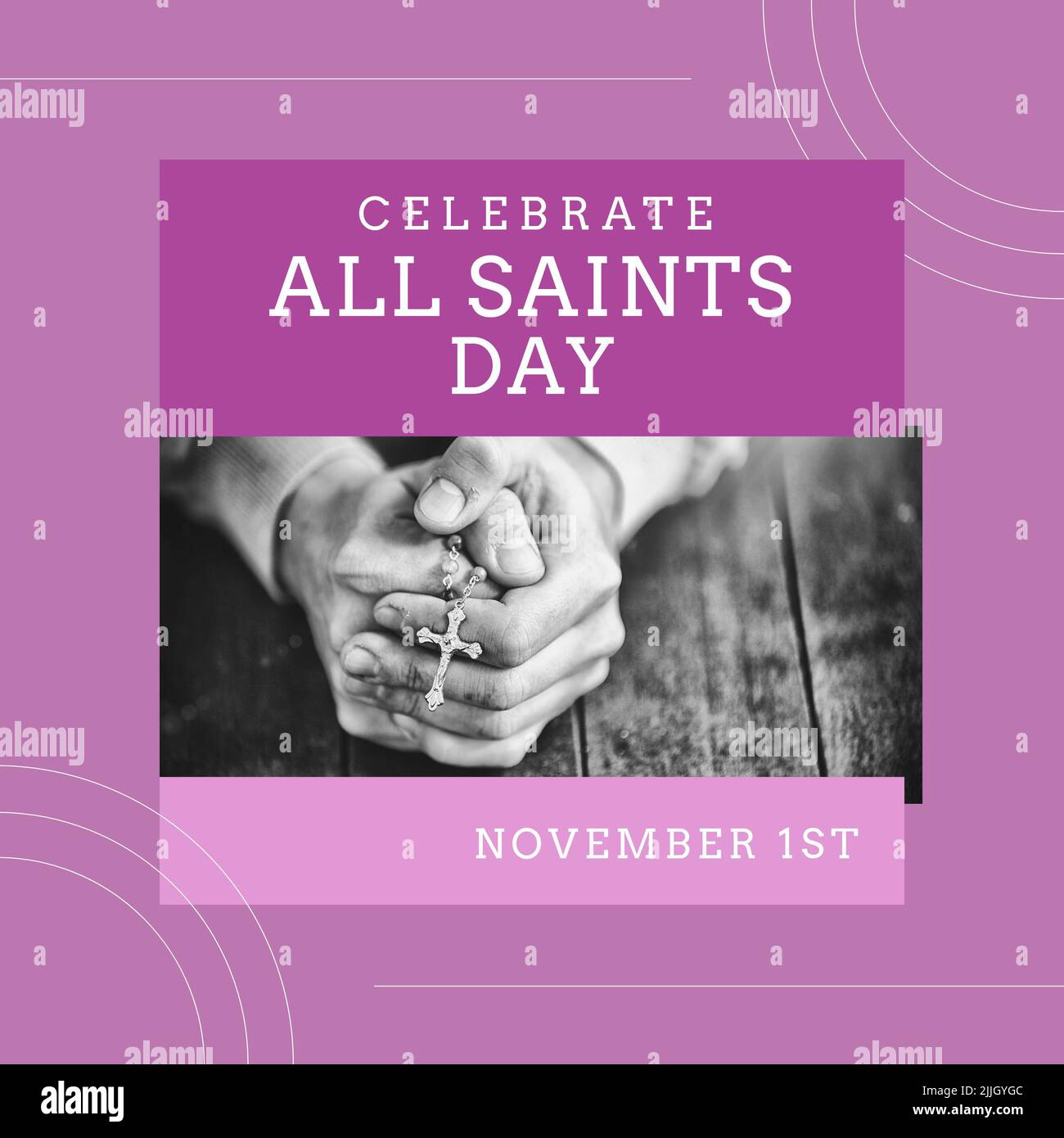 Composition of celebrate all saints day text over hands with rosary ...