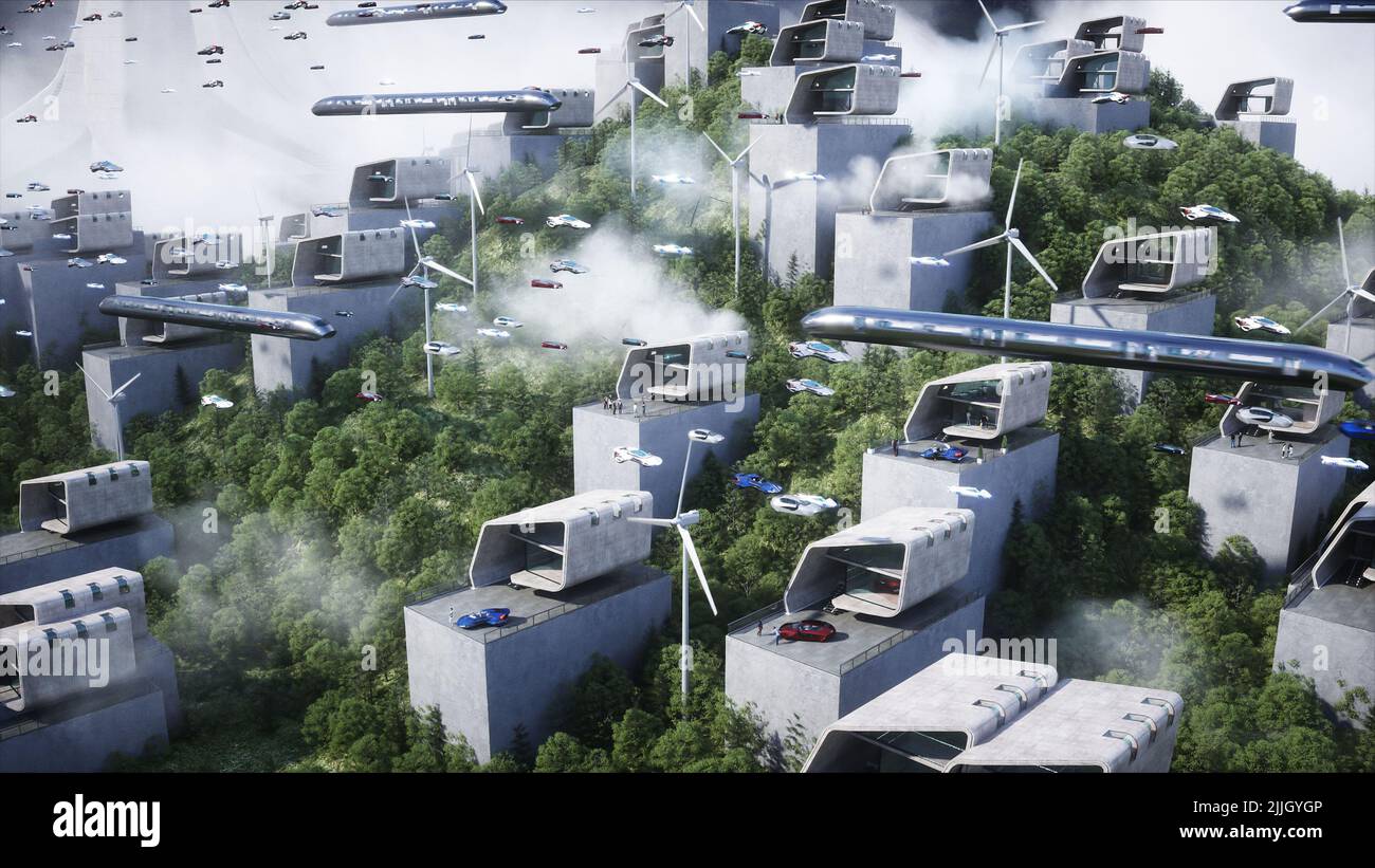 Futuristic city. flying car traffic. Robots and people in megapolice ...