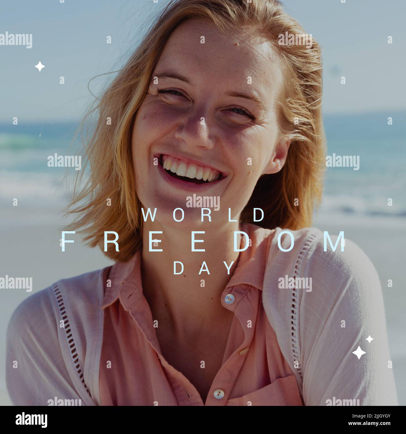 Image of world freedom day over happy caucasian woman on beach Stock ...