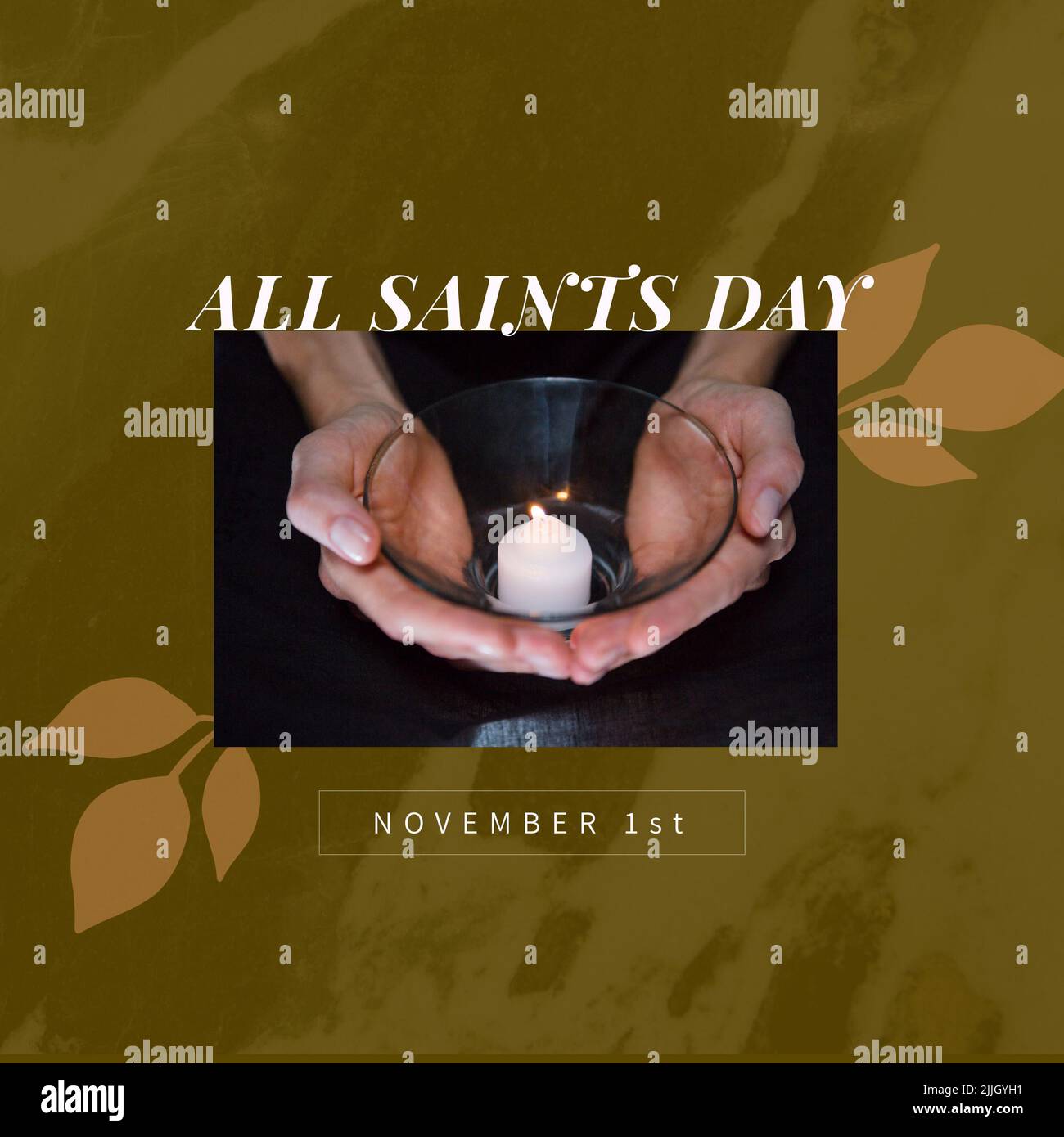 Composition of all saints day text over hands with candle Stock Photo ...
