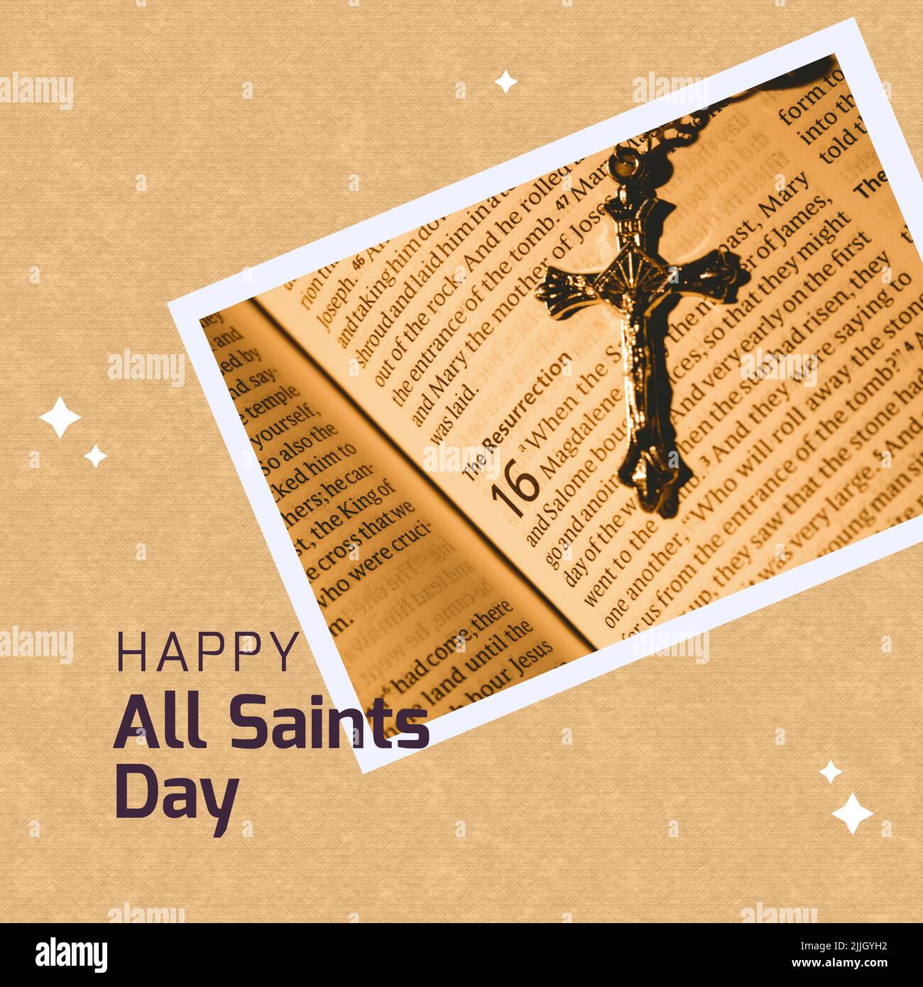 Composition of happy all saints day text with rosary over beige ...