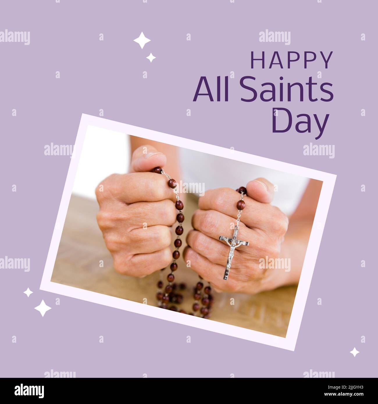 Composition of happy all saints day text with hands holding rosary over ...