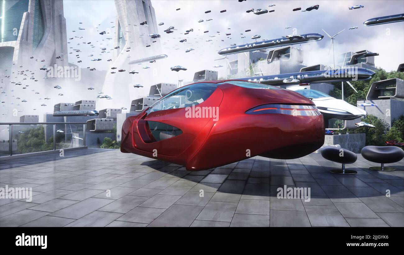 Futuristic city. flying car traffic. megapolice. Future concept. 3d ...