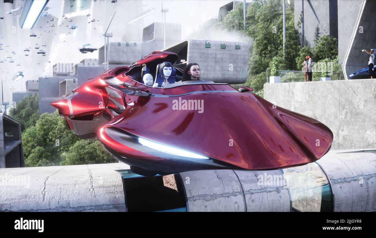 Robot and people in flying car. Futuristic city. flying car traffic ...