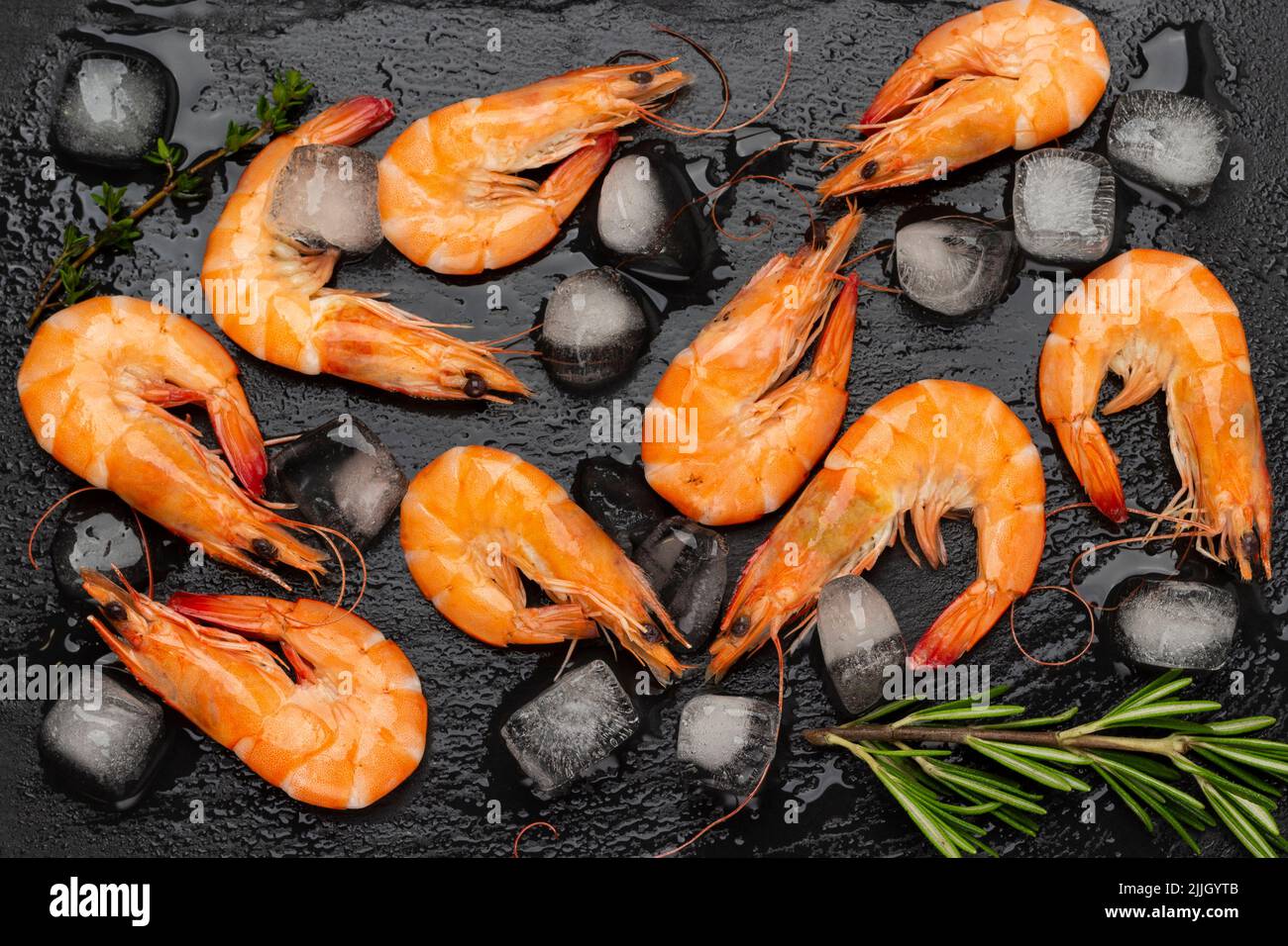 Boiled shrimp and ice on wet stone surface. Sprig of rosemary. Flat lay ...