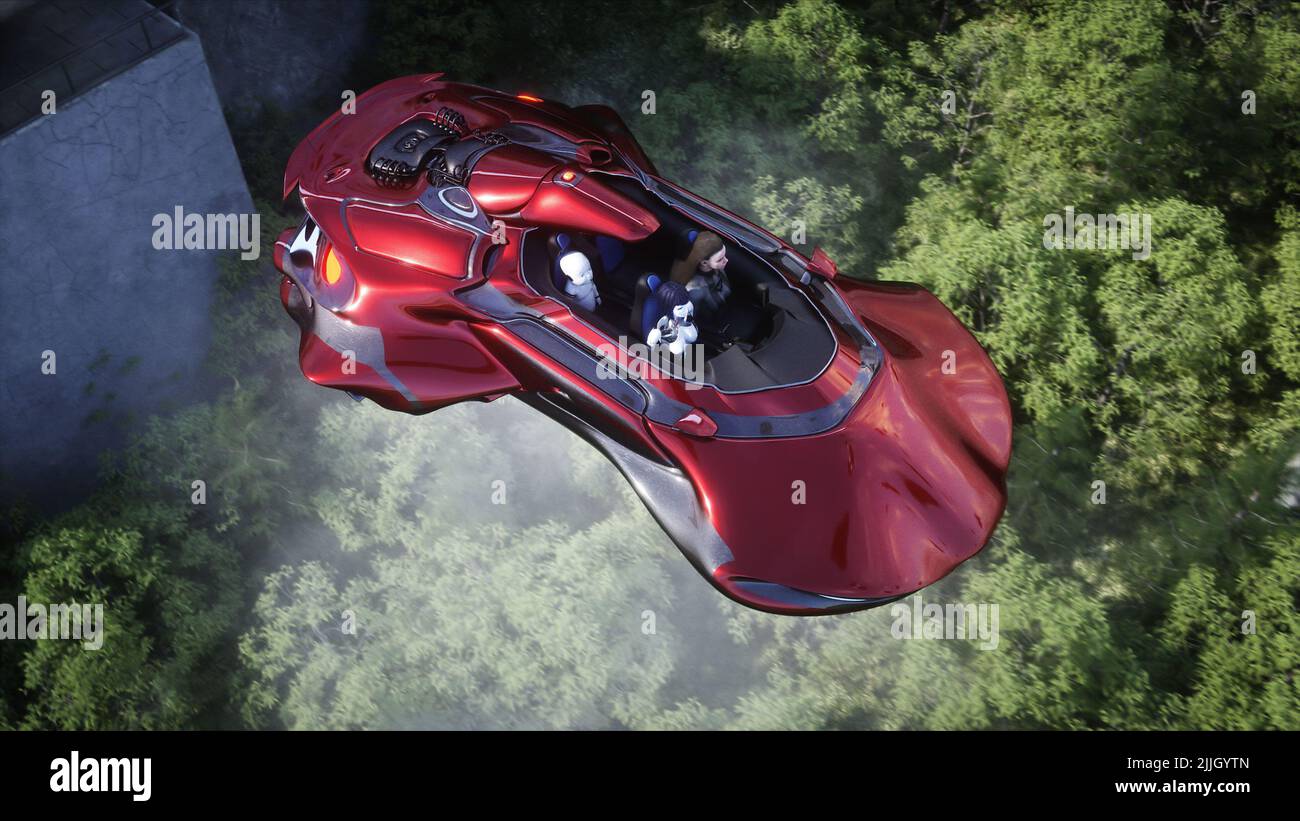 Robot and people in flying car. Futuristic city. flying car traffic ...