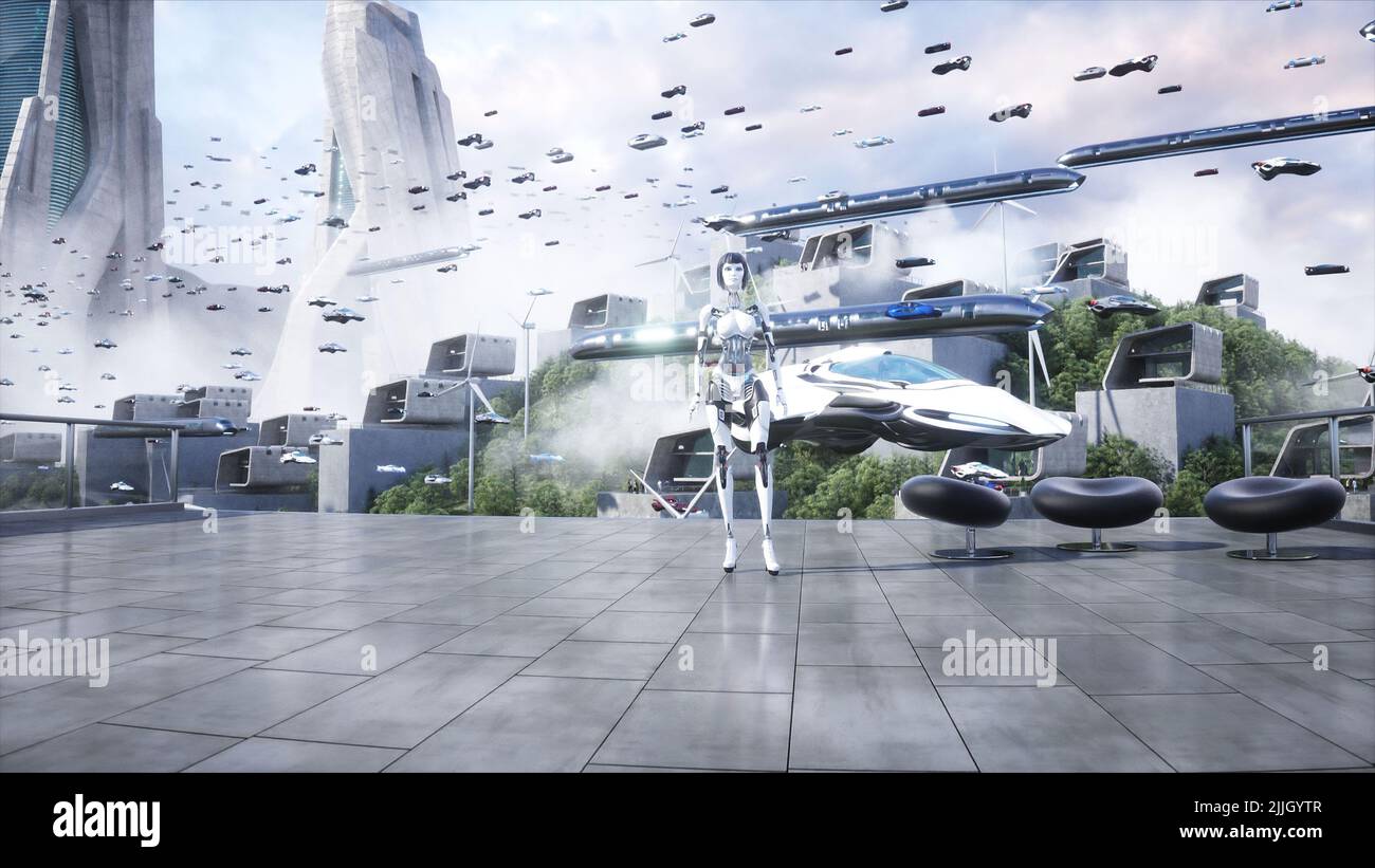 Female robot, droid. Futuristic city. flying car traffic. megapolice ...