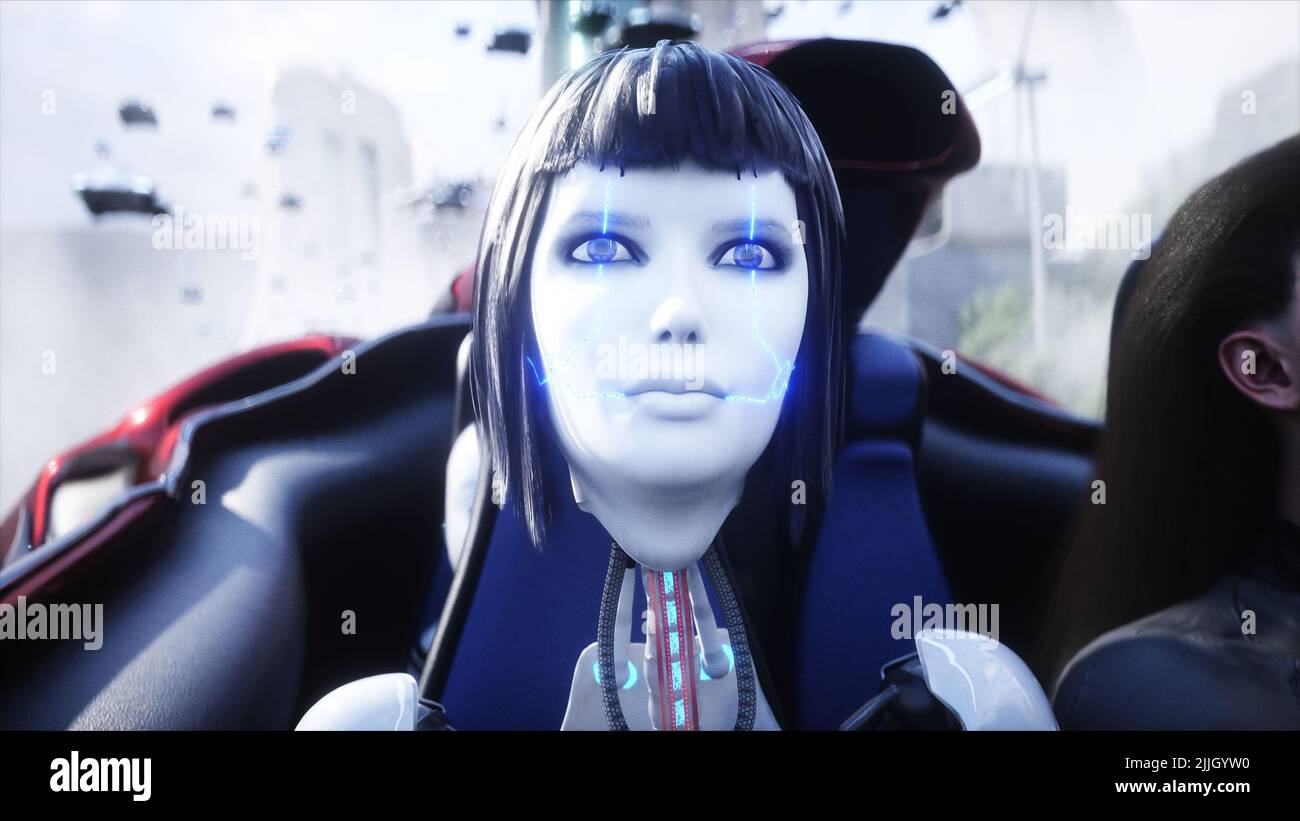 Robot and people in flying car. Futuristic city. flying car traffic ...