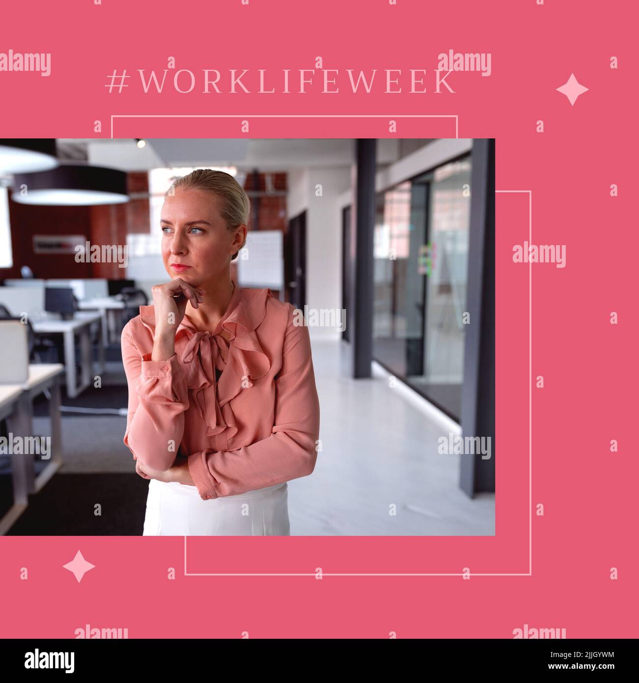 Image of work life week over thoughtful caucasian woman in office Stock ...