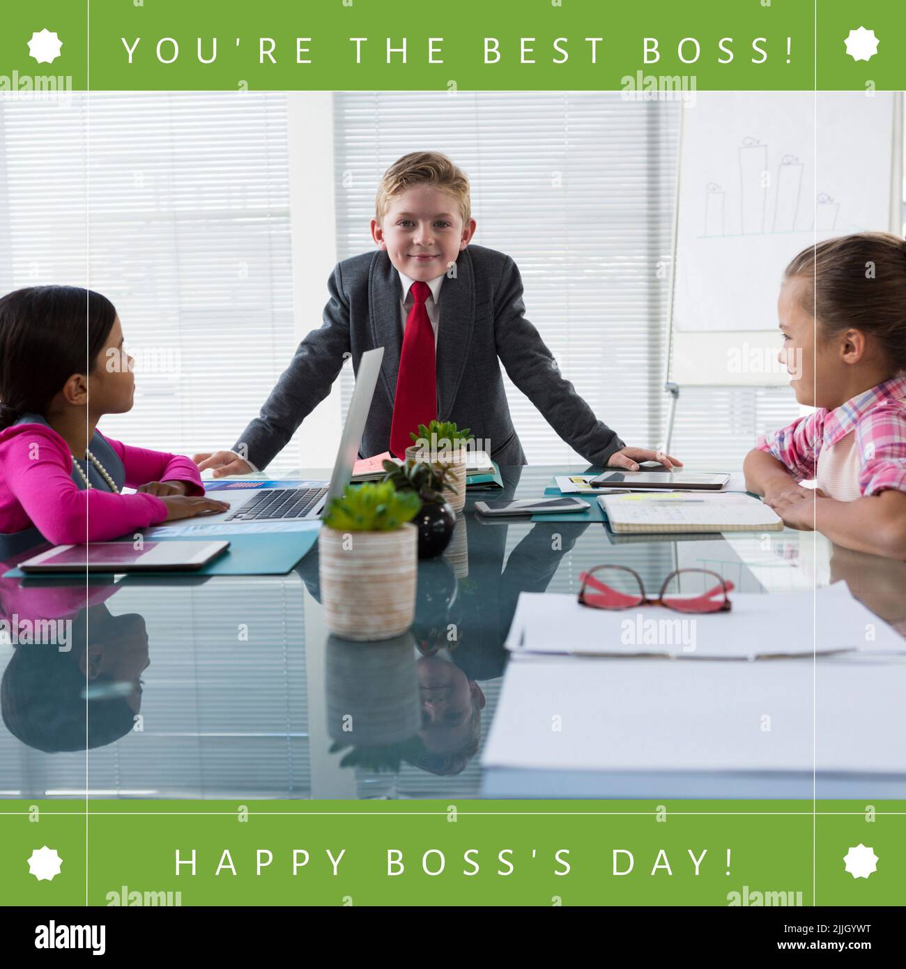 Image of happy boss day over diverse boy boss and children coworkers ...