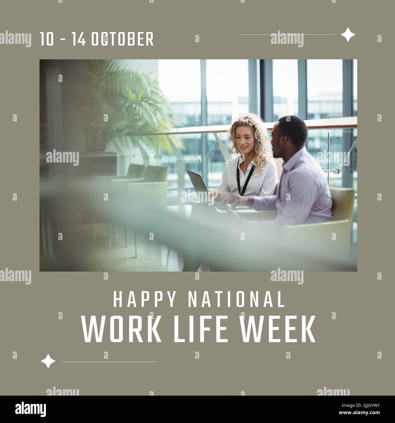 Image of national work life week over happy diverse female and male ...