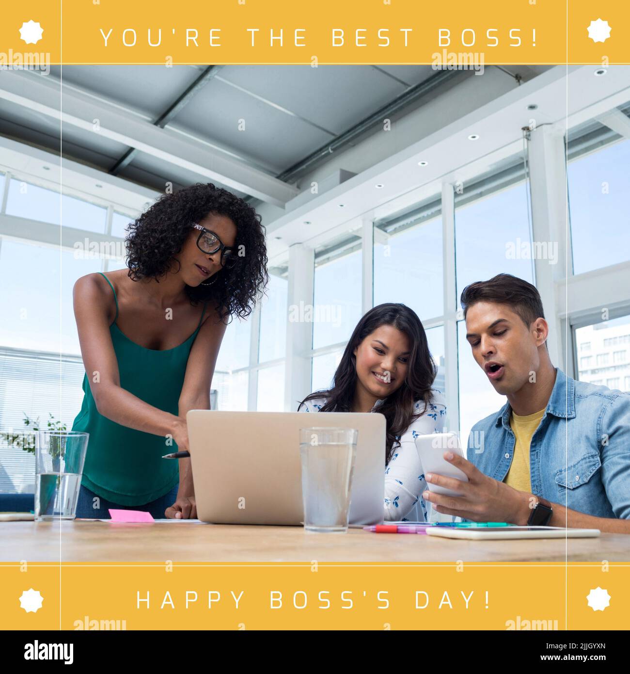 Image of happy boss day over diverse female boss and coworkers Stock ...