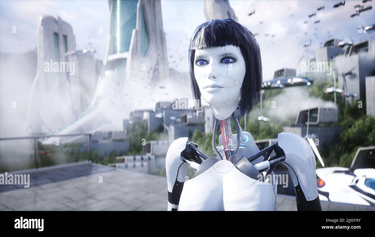 Female robot, droid. Futuristic city. flying car traffic. megapolice ...