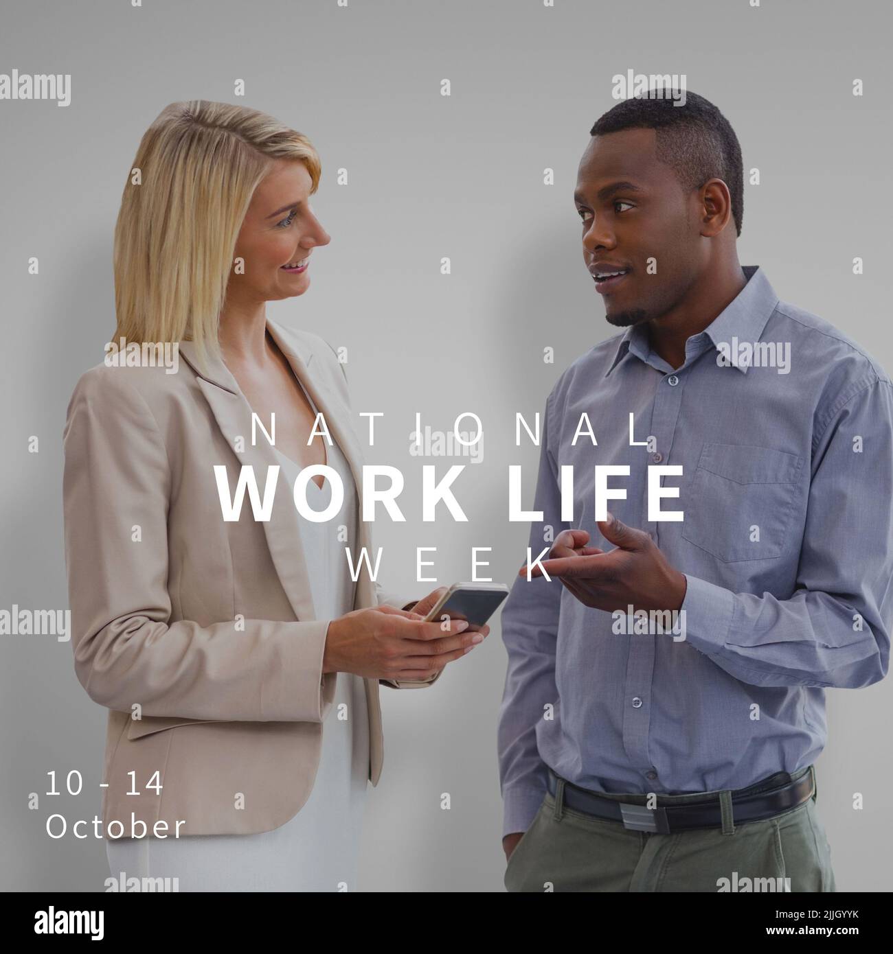 Image of national work life week over diverse female and male coworkers ...