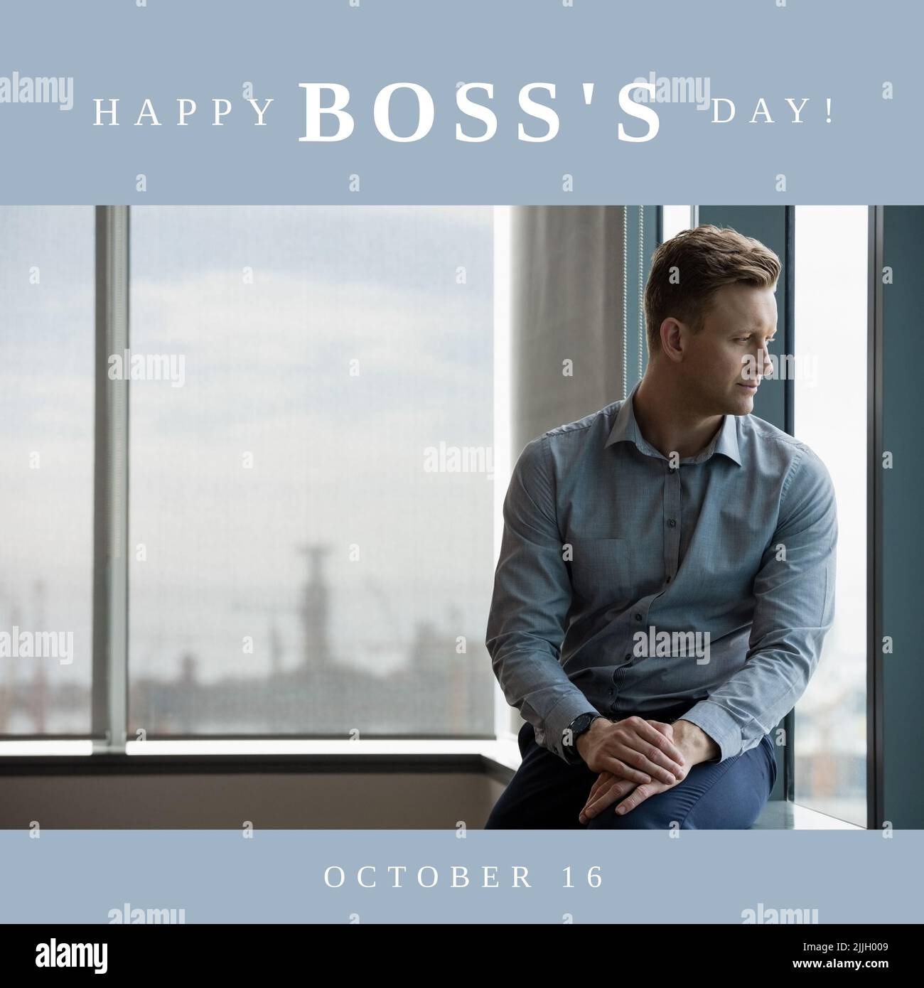 Image of happy boss day over caucasian man looking outside window in ...