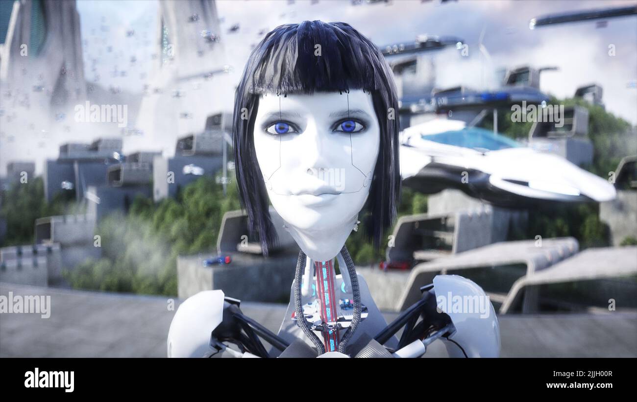 Female robot, droid. Futuristic city. flying car traffic. megapolice ...