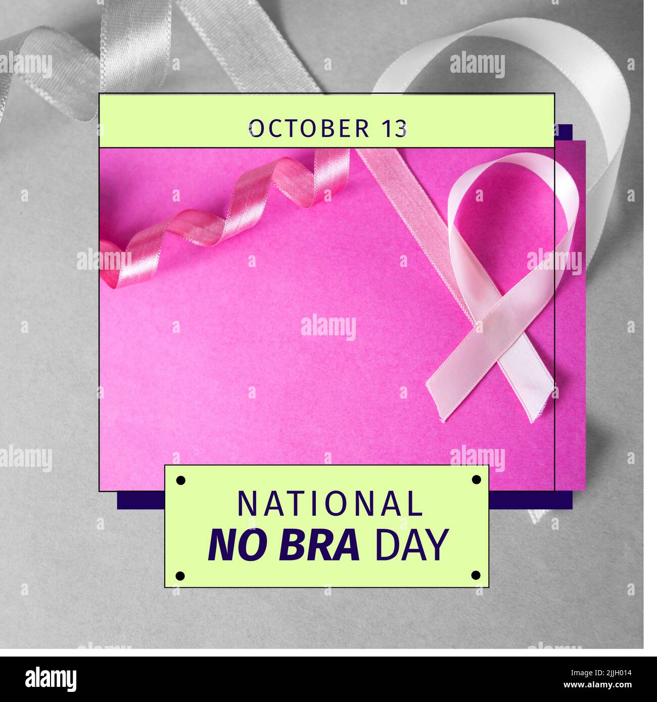 Image of national no bra day over grey background and frame with pink ...