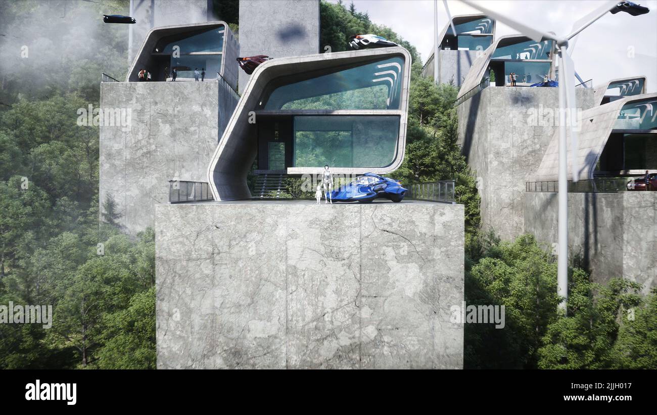 Female robot with baby robot, droid. Futuristic city. flying car ...