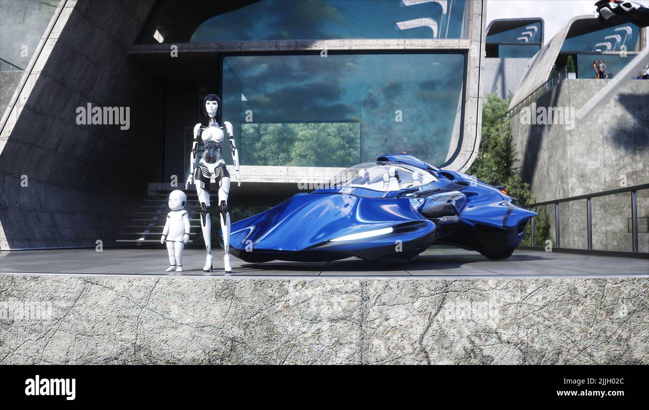 Female robot with baby robot, droid. Futuristic city. flying car ...