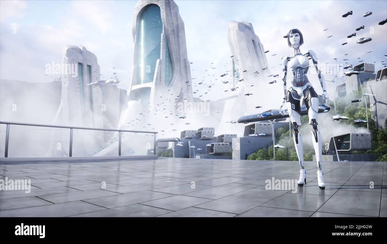 Female robot, droid. Futuristic city. flying car traffic. megapolice ...