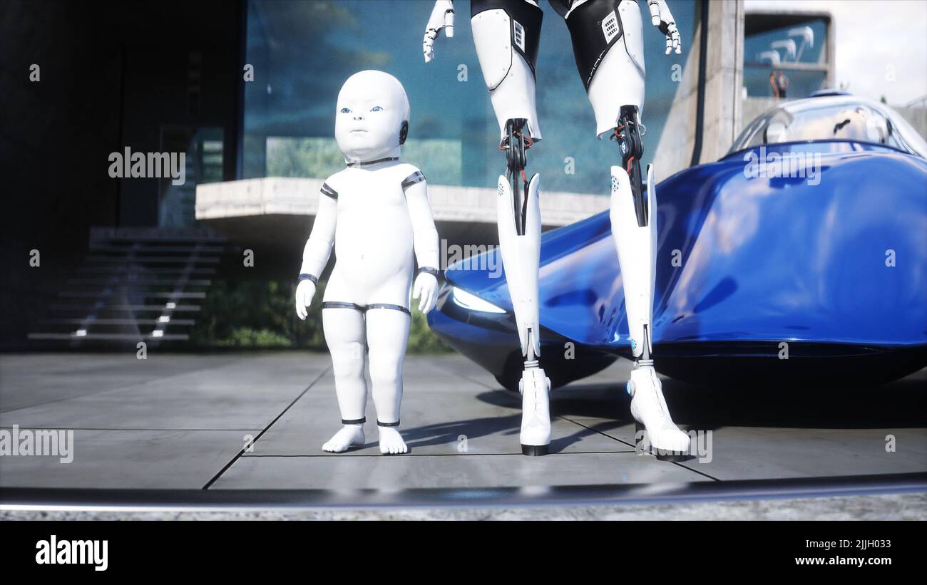 Female robot with baby robot, droid. Futuristic city. flying car ...