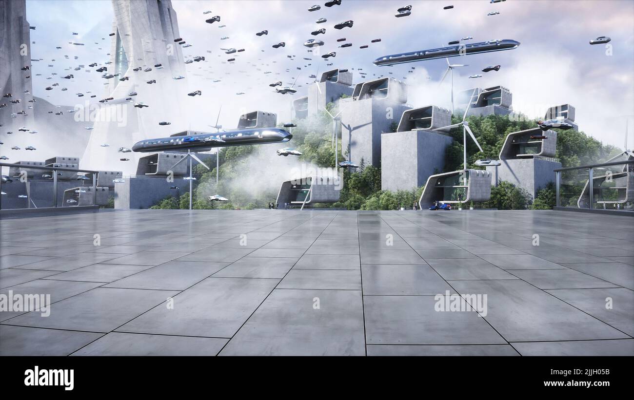 Futuristic city. flying car traffic. megapolice. Future concept. 3d ...