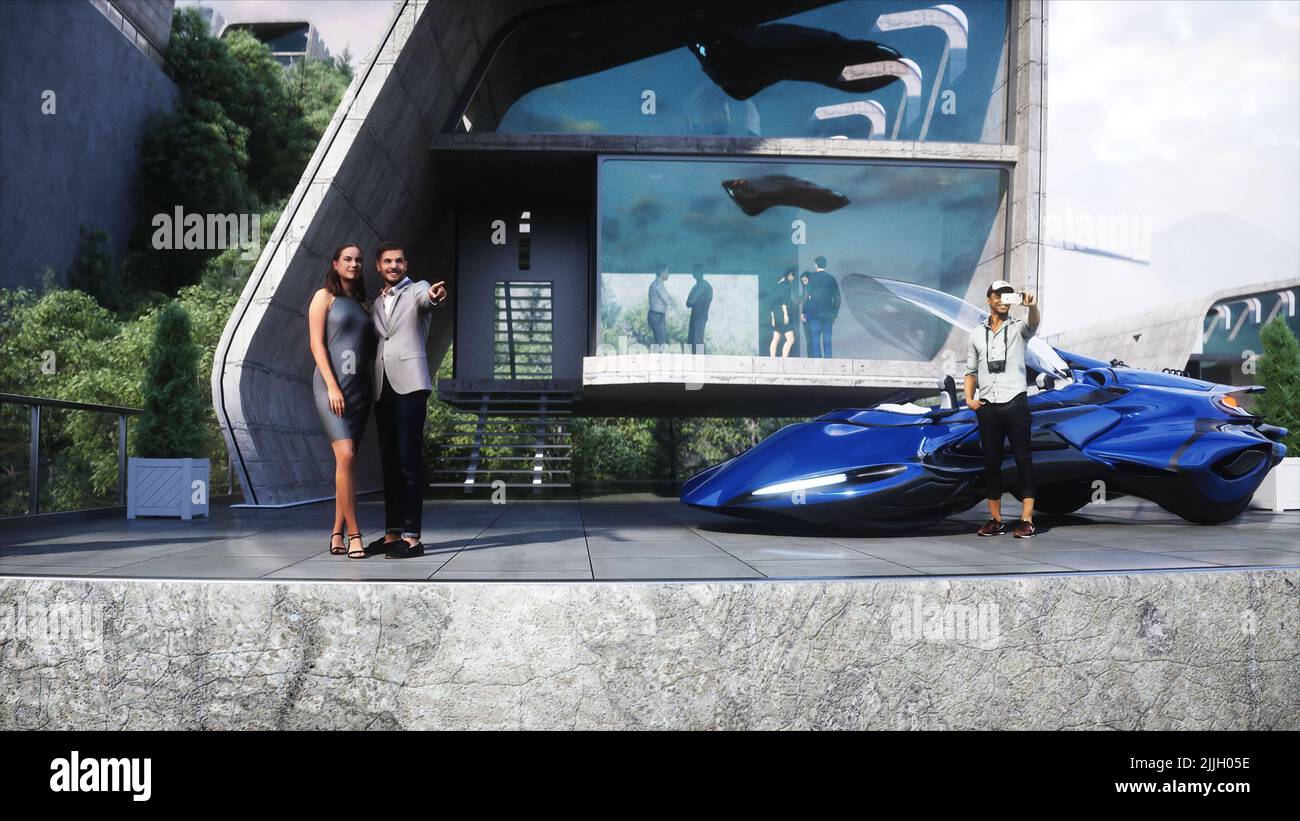 3d people in futuristic city. flying car traffic. megapolice. Future ...