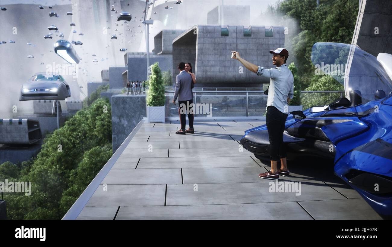 People in futuristic city. flying car traffic. megapolice. Future ...