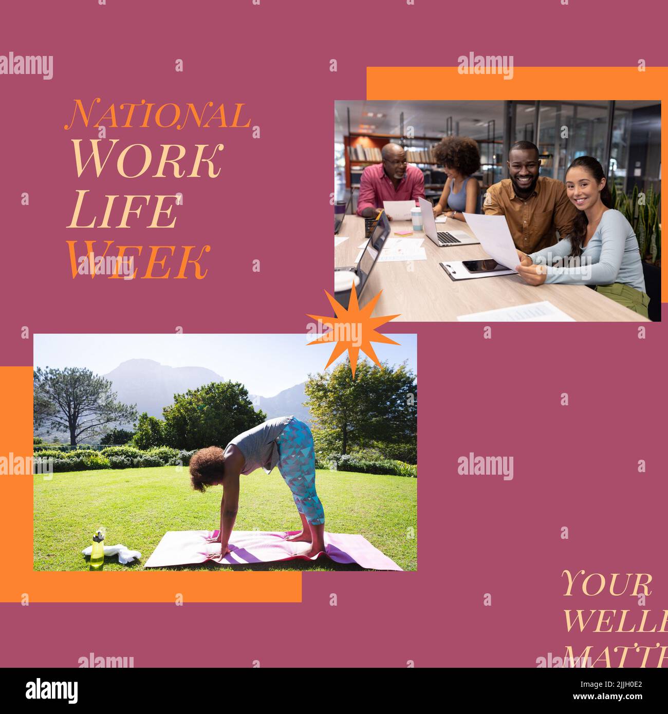 Composition of national work life week text with diverse people working ...