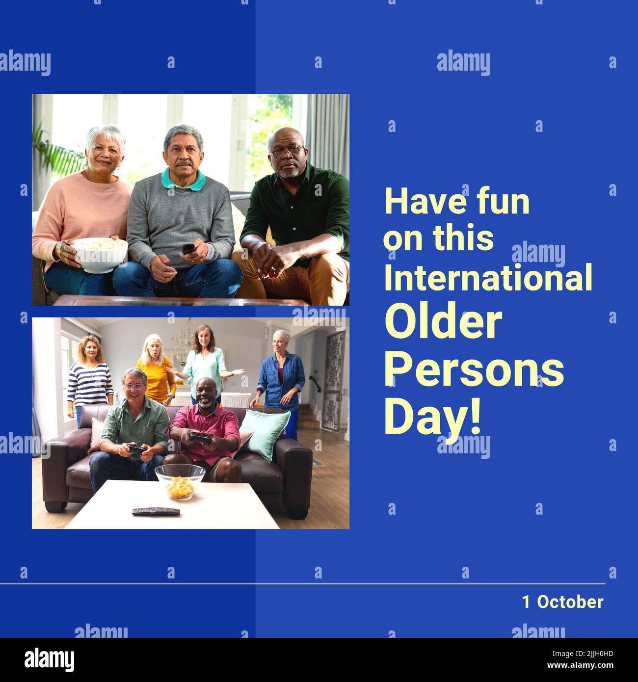 Image of national older persons day over happy diverse senior friends ...