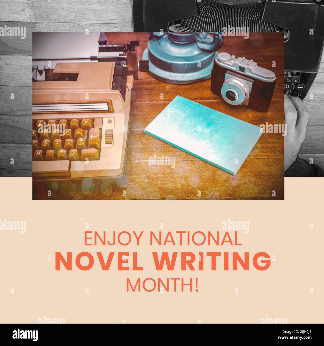 Composition of national novel writing month text over camera and ...