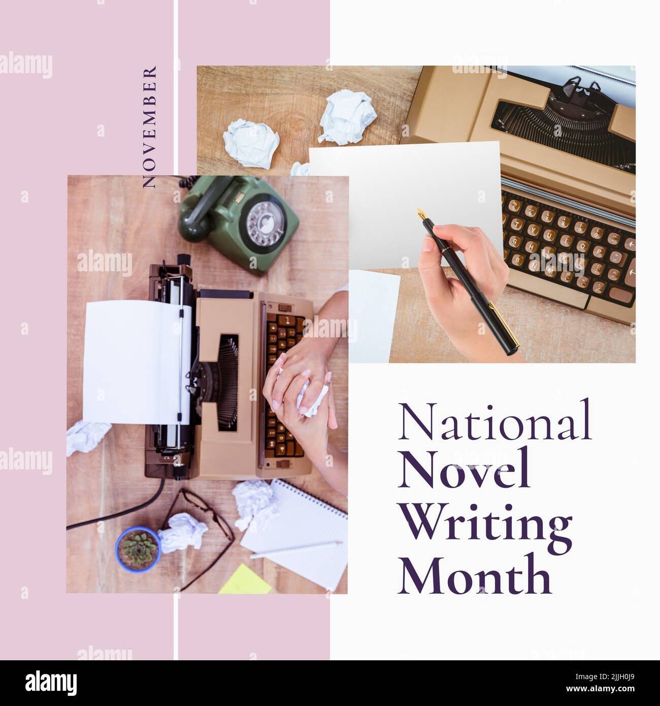 Composition of national novel writing month text over hand with pen and ...