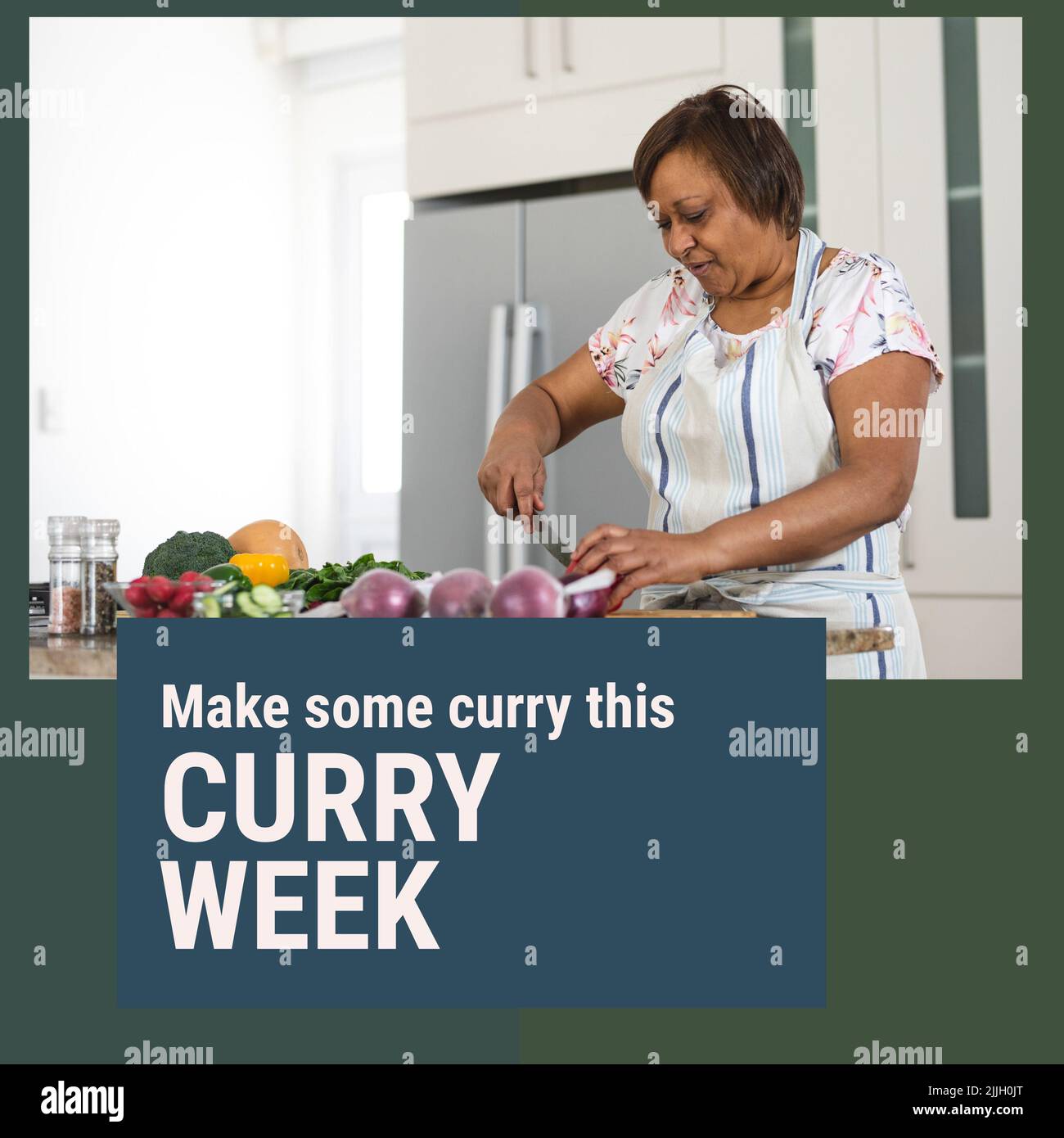 Image of curry week over senior biracial woman cooking in kitchen Stock ...