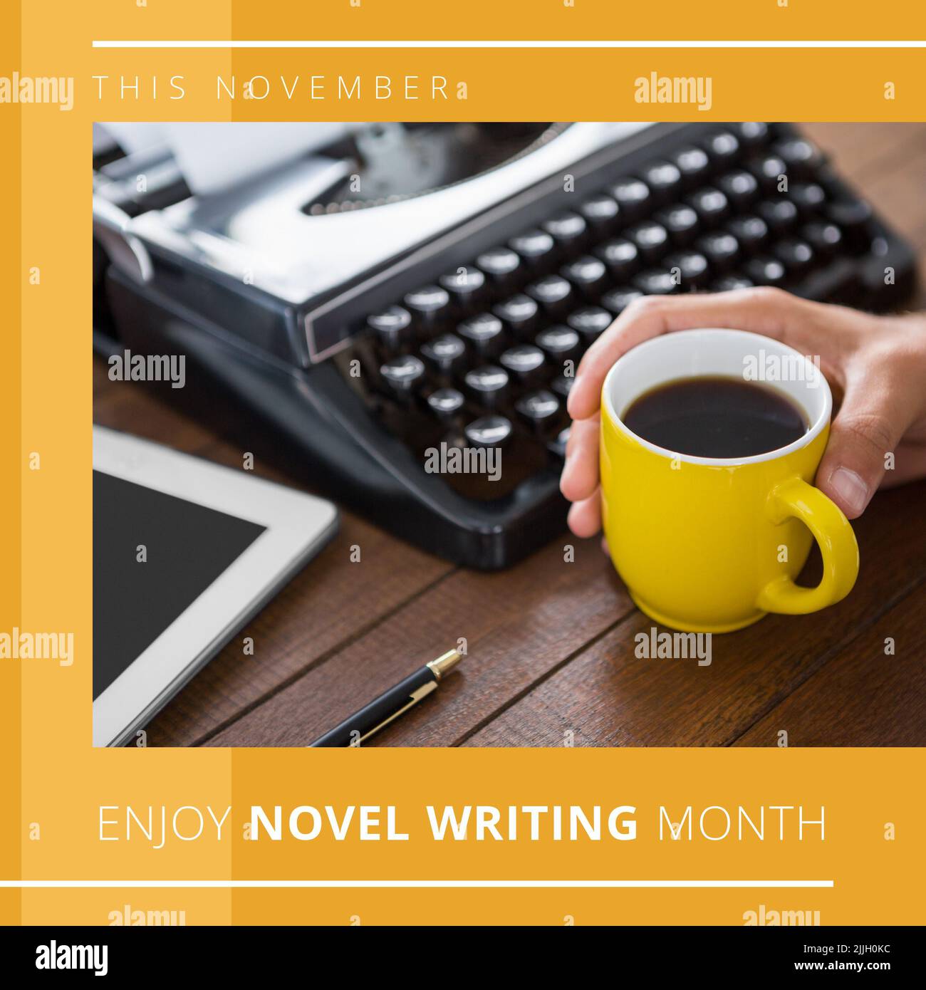 Composition of national novel writing month text over hand with coffee ...