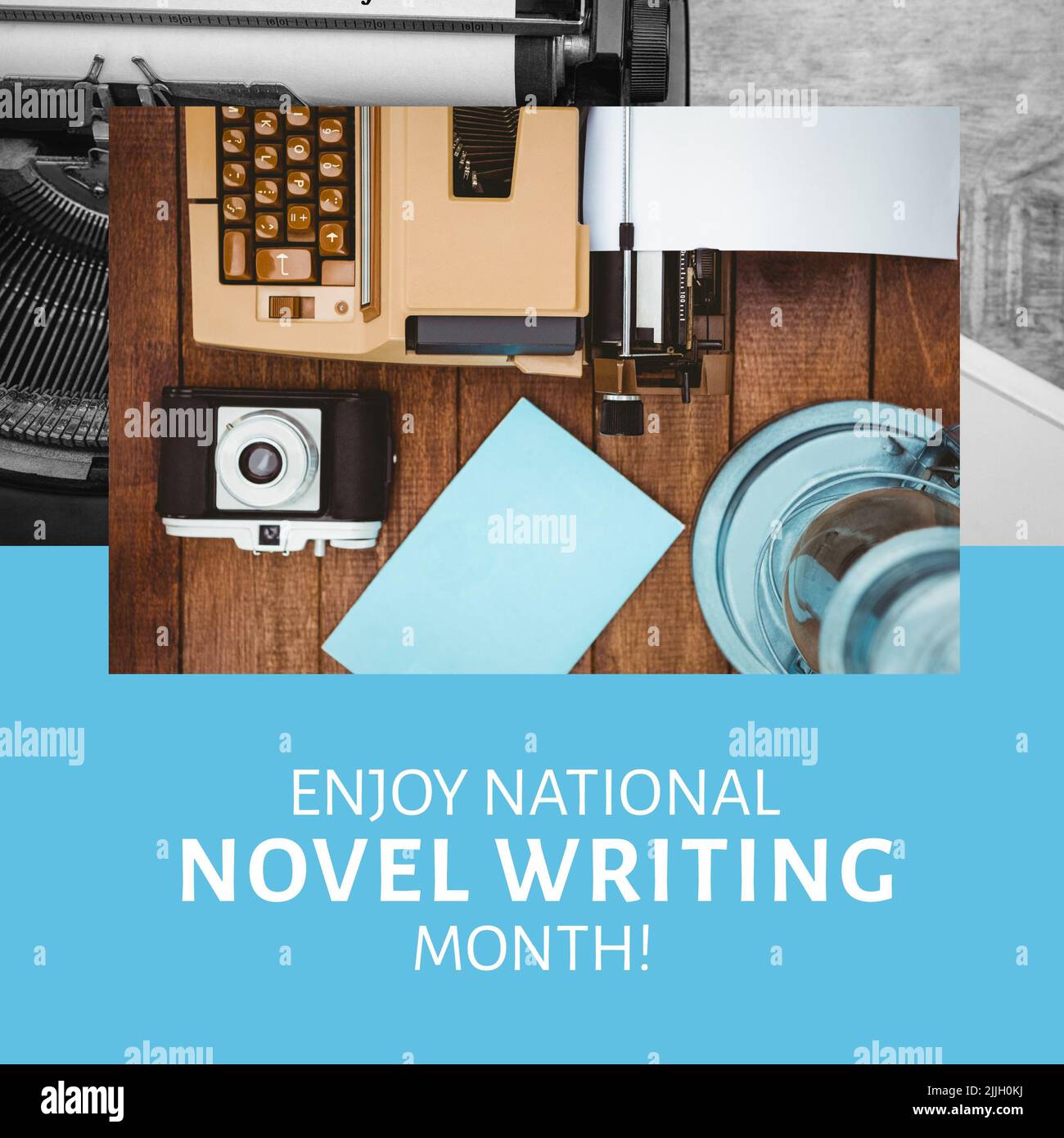 Composition of national novel writing month text over camera and ...
