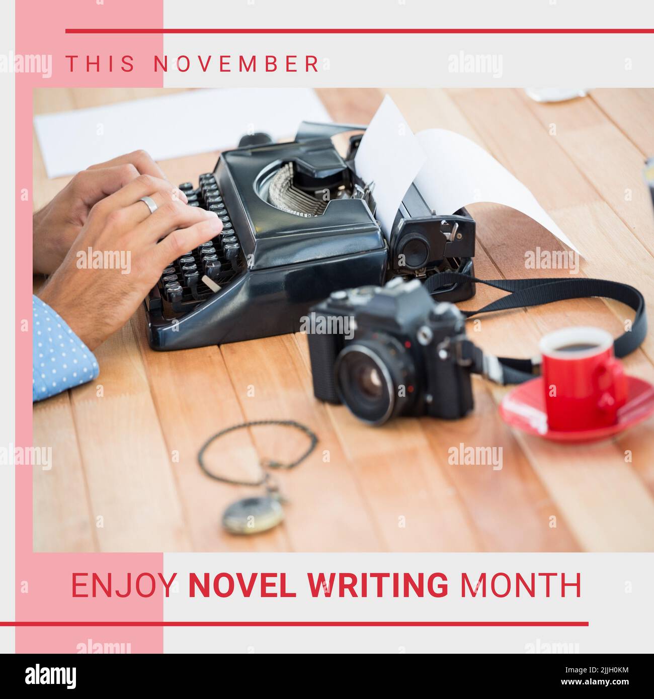 Composition of national novel writing month text over hands using ...