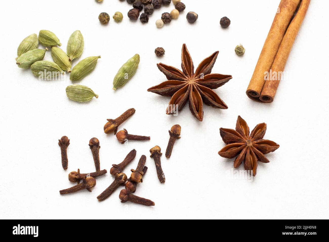 Dry spices: cardamom, star anise, cinnamon sticks and allspice. Top ...