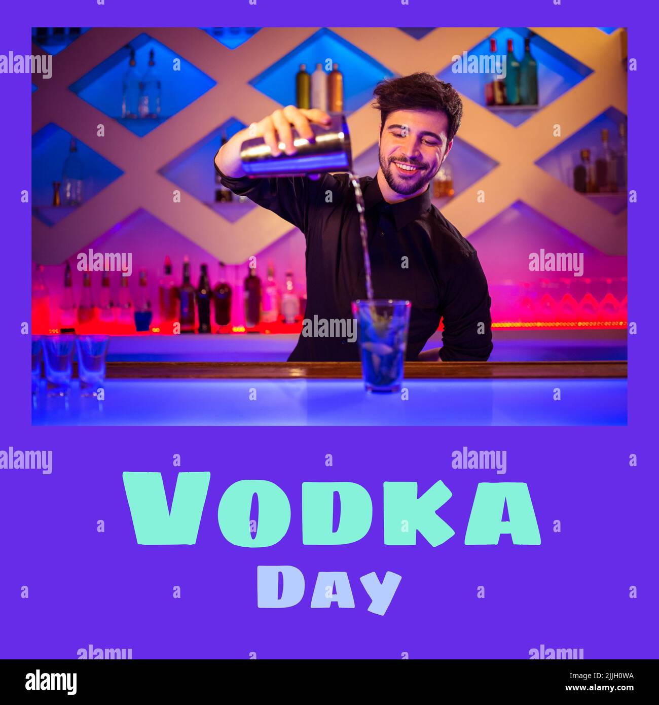 Composition of vodka day text over caucasian male barman preparing drink Stock Photo - Alamy